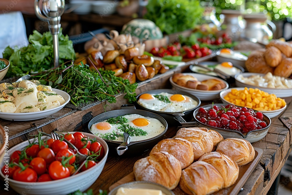 Brunch spread with a variet of dishes pastries. Village Breakfast with ...