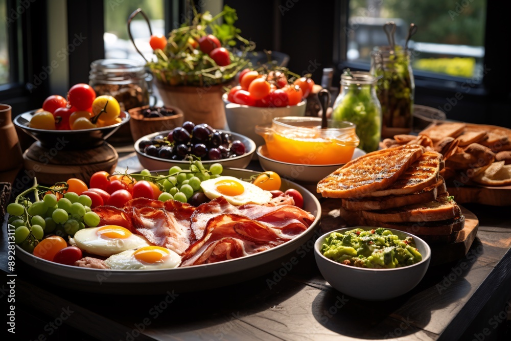 Brunch spread with a variet of dishes pastries. Village Breakfast with ...