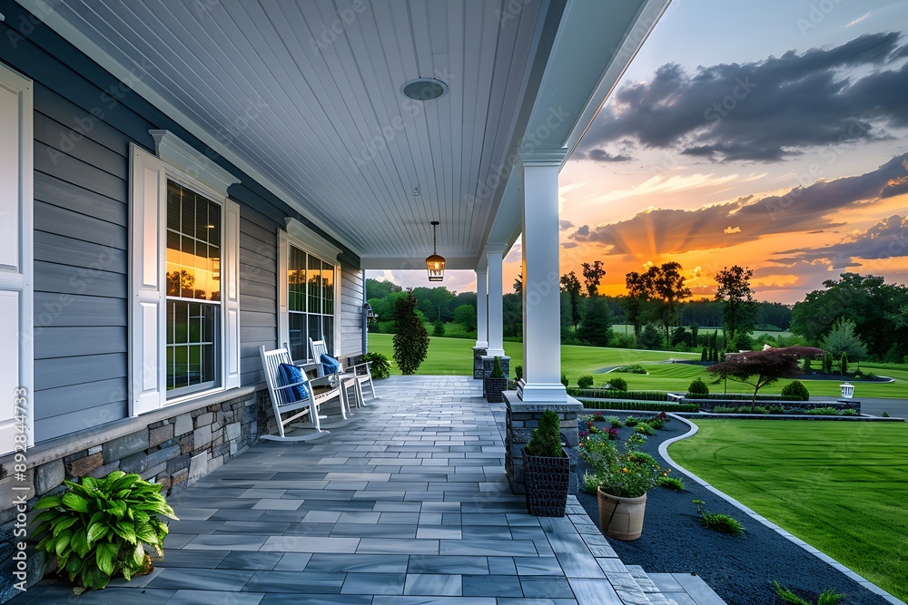 Beautiful luxury house featuring a spacious porch, grey cladding, blue ...