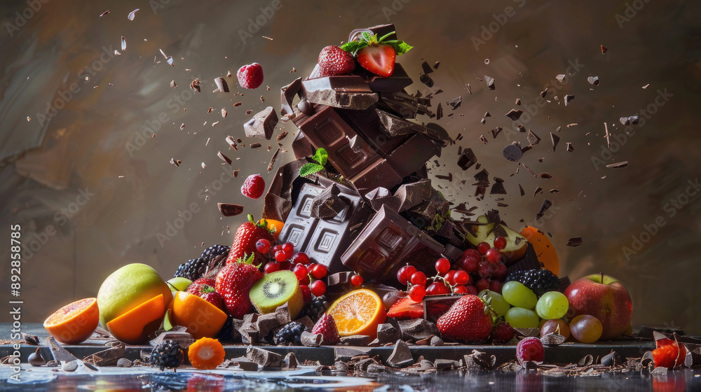 A tower of dark chocolate bars explodes, sending pieces flying and ...