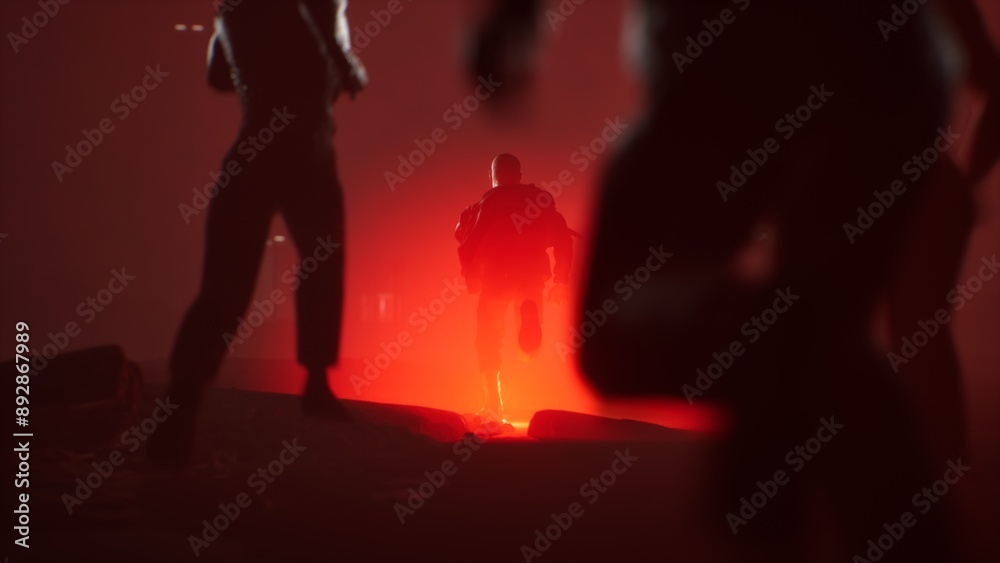 attacking dead are running towards you in a bloody fog, zombie ...