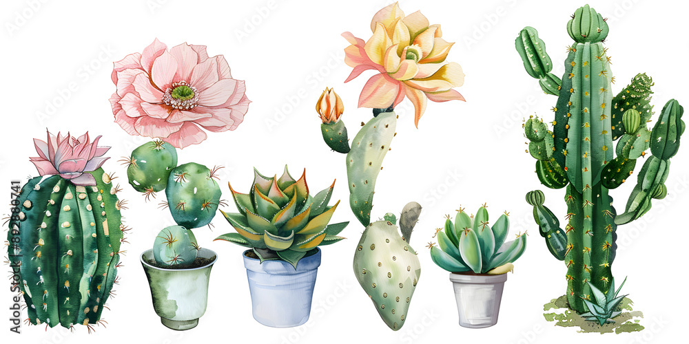 Cactus and succulents in pots, clipart set, illustration in watercolor ...