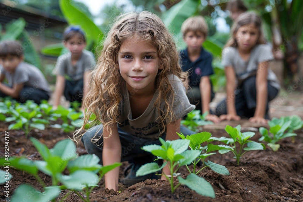 Five children are deeply engrossed in the act of planting in a garden ...