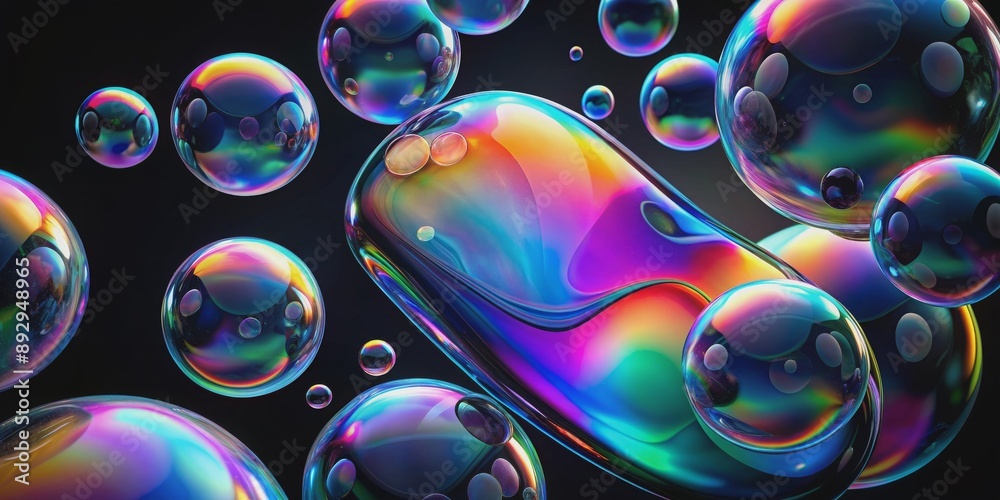 Holographic blob shapes with bubbles on black background for smartphone ...