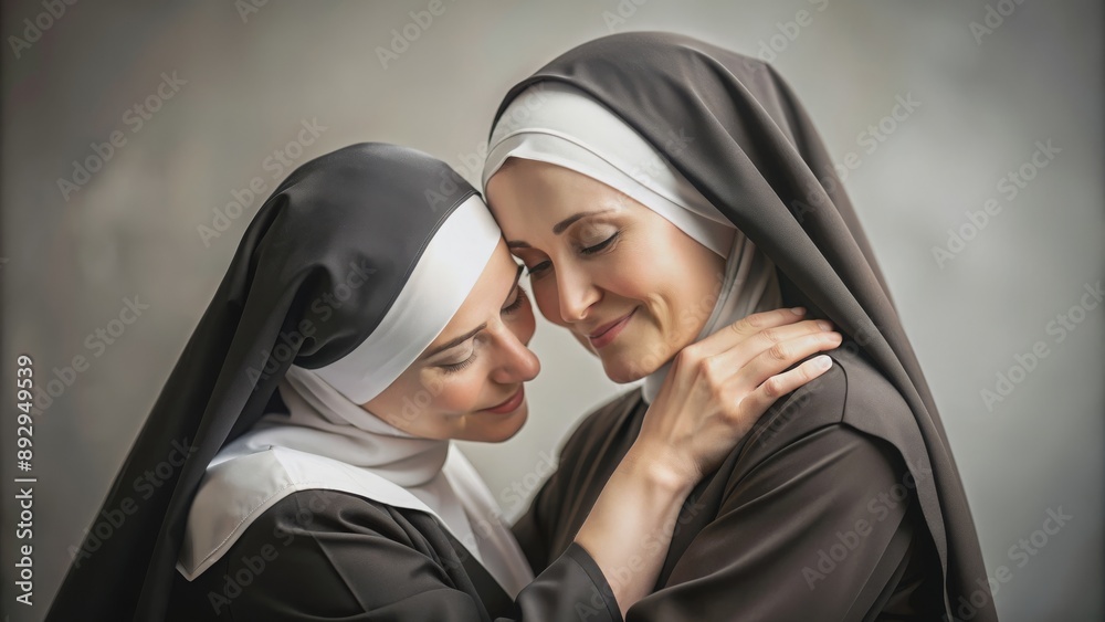 Two Catholic nuns in love embracing, with a serene and romantic ...