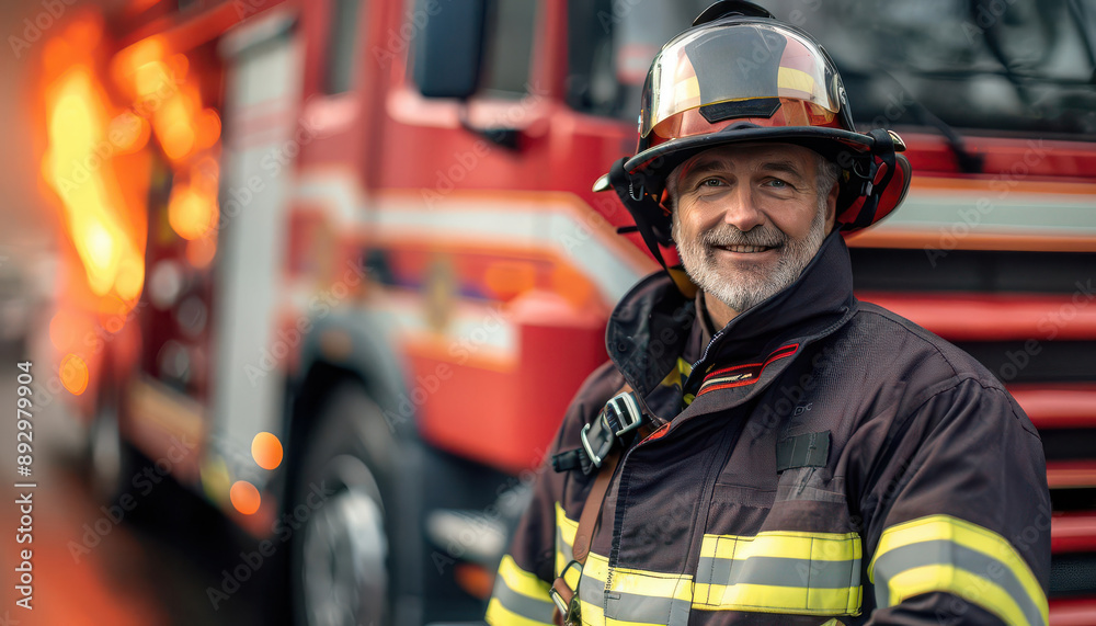 Firefighter in full gear standing next to a fire truck, ready for ...