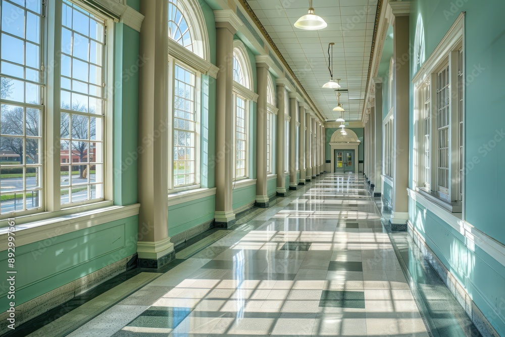 high school hallway with large windows and long marble tile floor, 20th ...