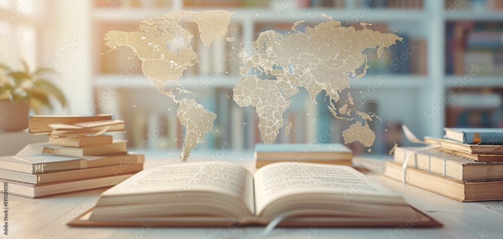 Open book with world map overlay, symbolizing global education and ...
