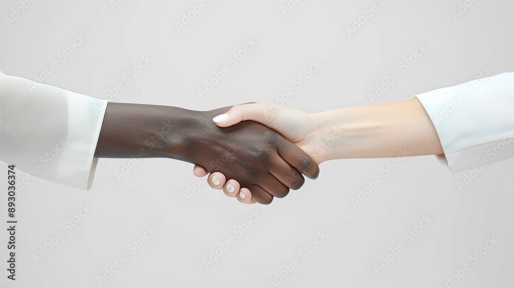 Two People Shaking Hands Over a Gray Background One Is White and the ...