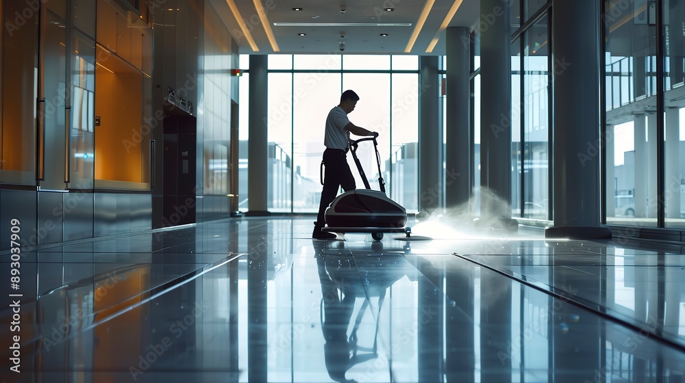 Professional janitorial staff using an industrial floor buffer machine ...