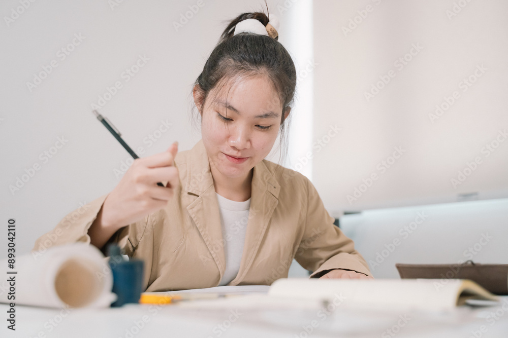 In her architecture office, the woman architect meticulously drafts a ...