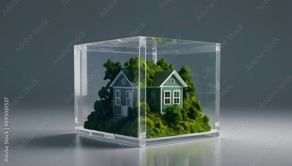 Cube, 4k, small house inside cube!, clear plastic, iridescent, studio ...