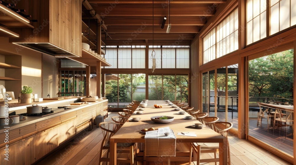 Spacious Japanese kitchen with minimalist decor, large windows, and an ...