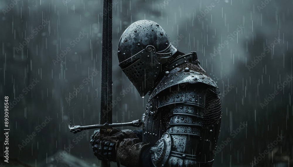 Medieval Knight in Rain Holding Sword, Gloomy Atmosphere, Historical ...