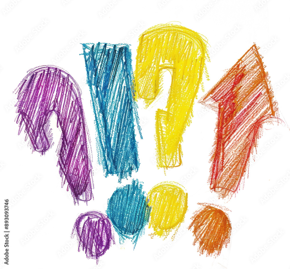 An exclamation mark and question mark drawn with crayon are isolated ...