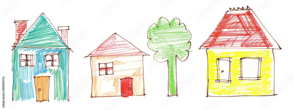 Three simple crayon drawings of houses in pastel colors with simple ...