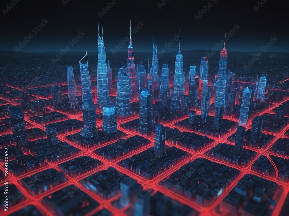 A digital wireframe model of a futuristic city skyline. The buildings ...