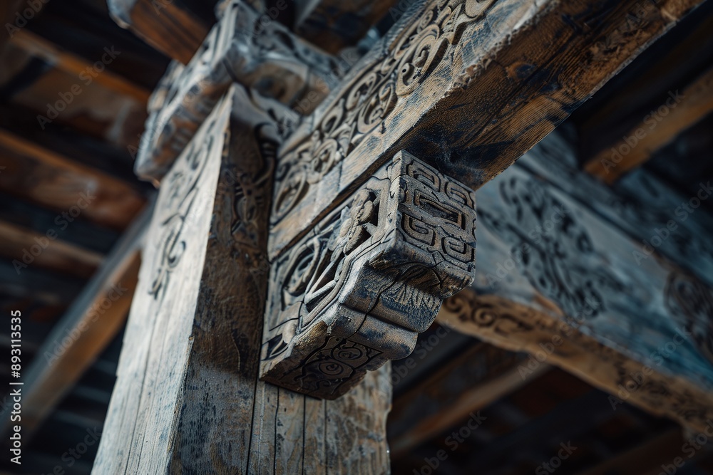 A close up of the wooden beams and structure in an ancient Tibetan ...