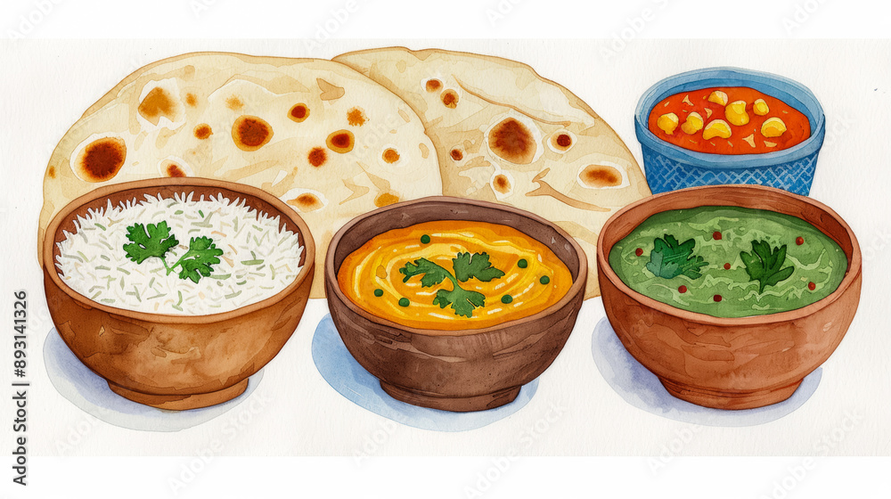 Watercolor sketch of a traditional Indian dinner with curry naan bread ...