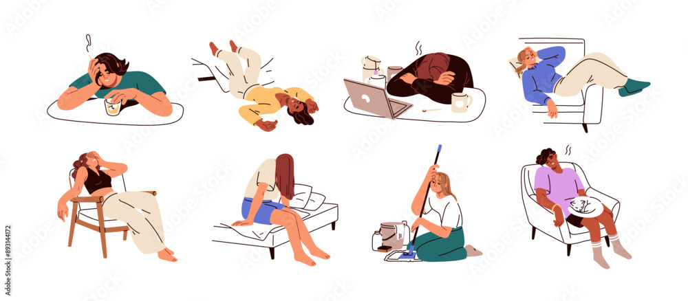 Tired fatigue people set. Exhausted sleepy lazy overworked characters ...