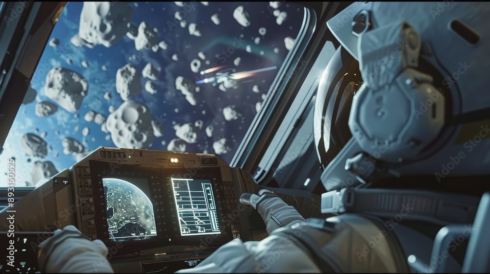 Astronaut piloting spacecraft, Asian pilot inside, cosmic starry sky on ...