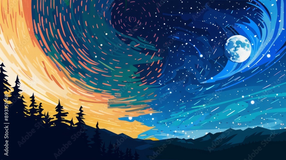 Starry night cartoon drawing with sky pixel art in a flat design ...