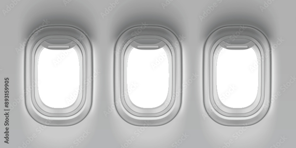 Plane window on flight. 3d aircraft inside view. Airline travel ...