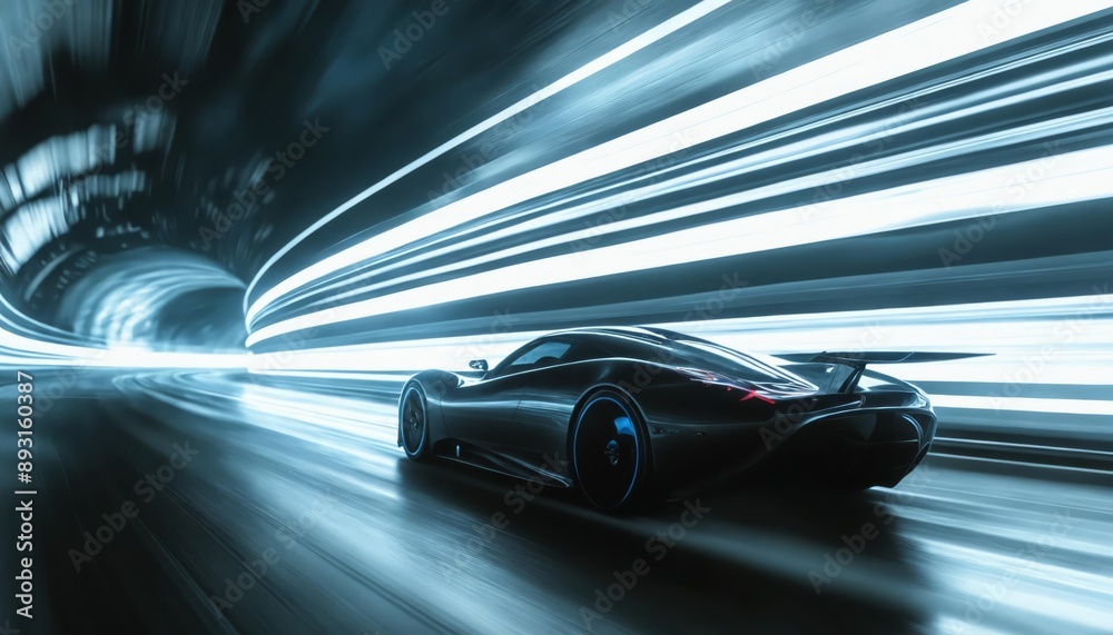 Virtual racing innovation: high-speed sports cars on neon-lit glowing ...