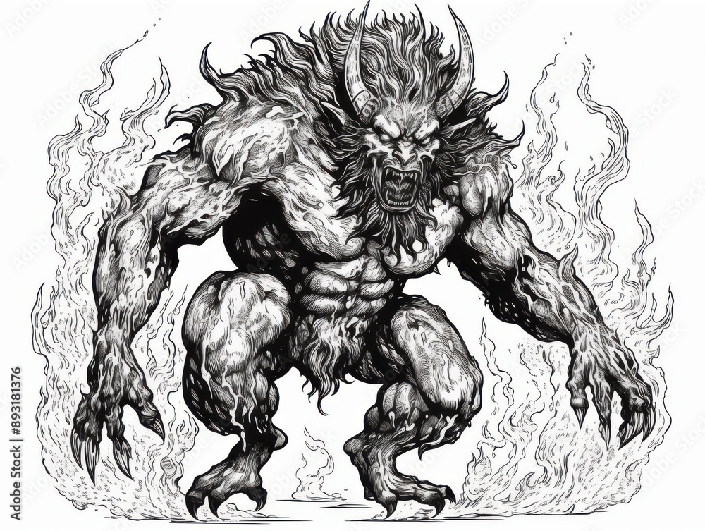 Black and white Vintage engraved art of a ifrit isolated on white ...