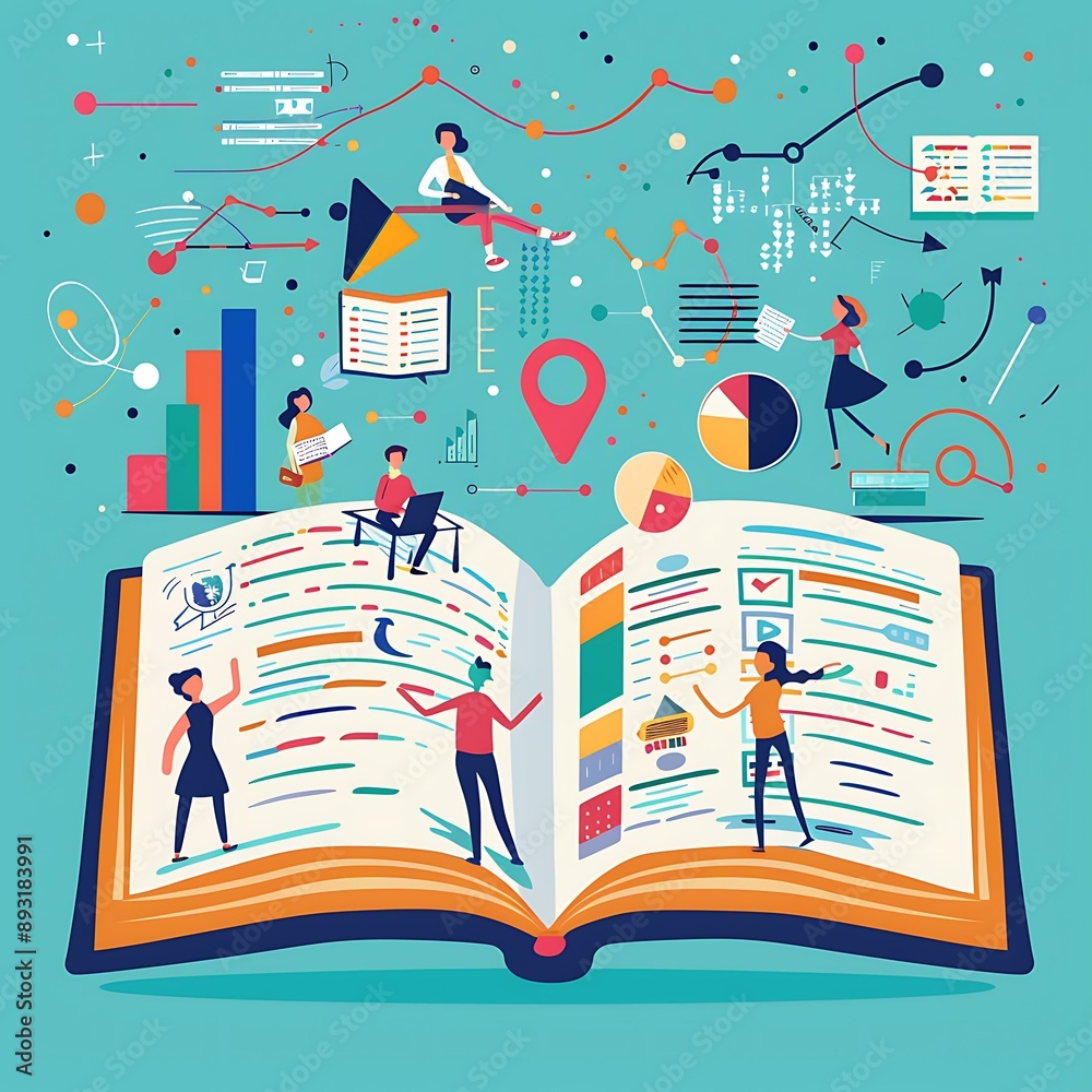 10. A vector cartoon illustration of an open textbook with animated ...