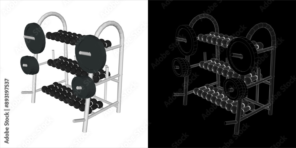Vector dumbbell rack wireframe Illustration line art blueprint on ...