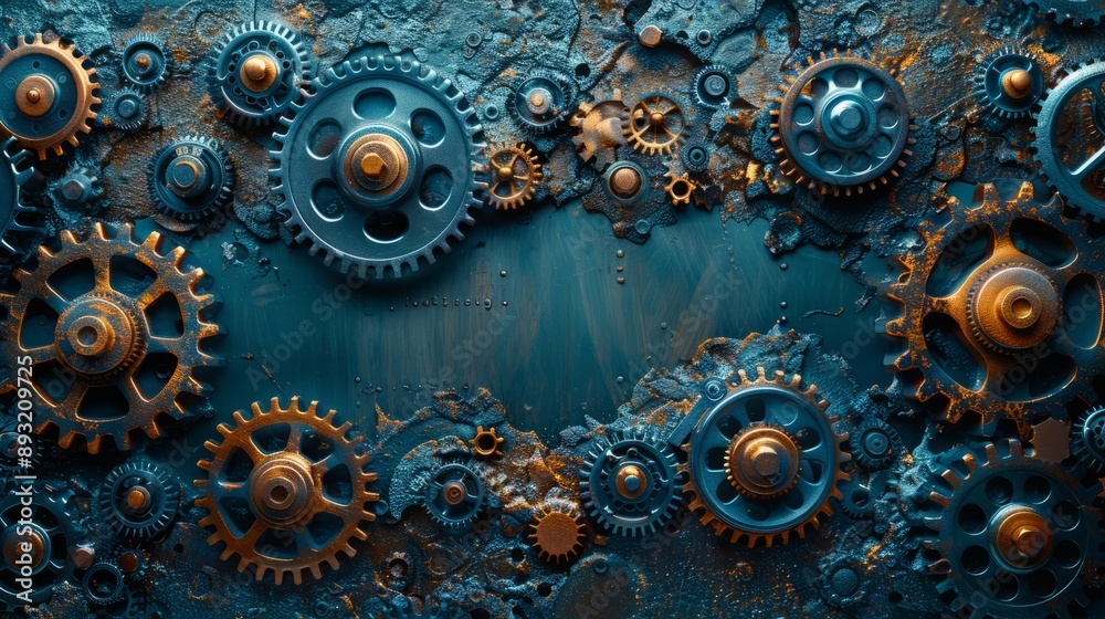 A metallic background composed of many gears provides a blank canvas ...