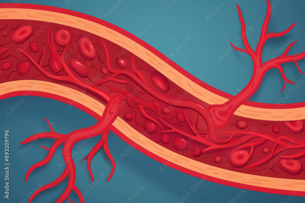 Medical illustration of a cross-section view of a blood vessel showing ...