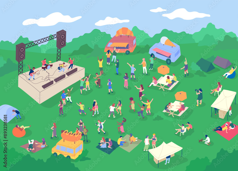 Cartoon Color Music Festival or Open-air Concert Scene Live Performance ...