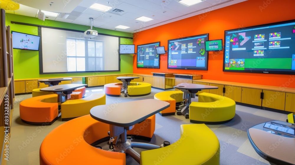Innovative classroom with modular seating and interactive digital ...