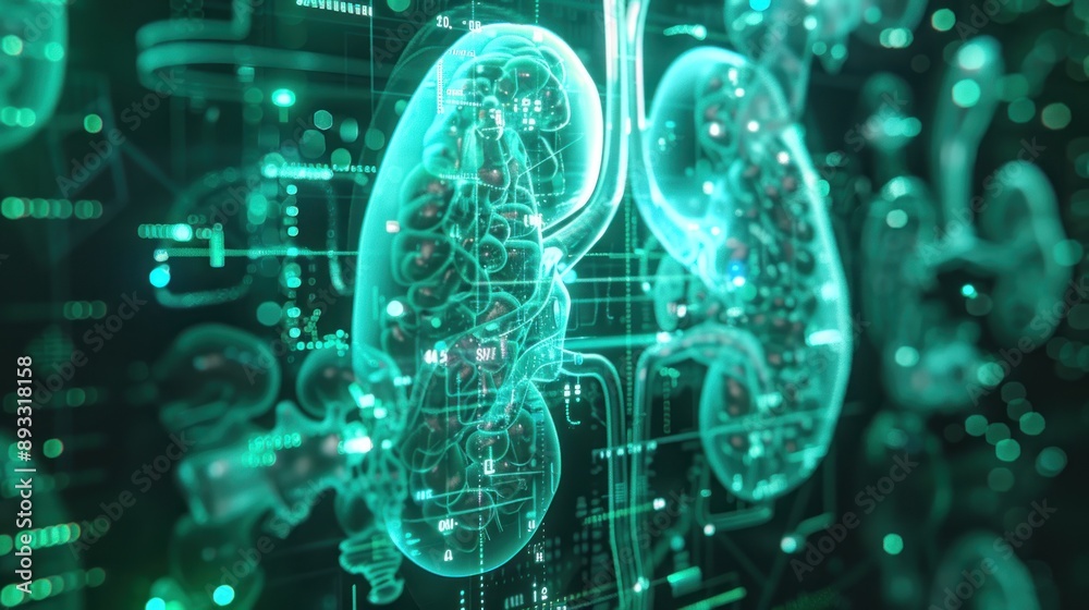 Holographic 3D depiction of human urinary system, featuring translucent ...