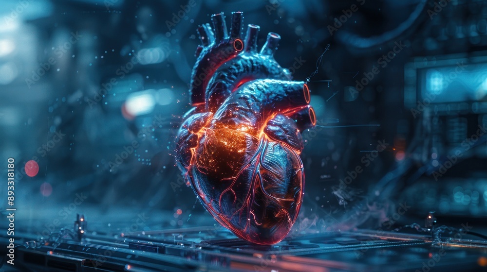 3D holographic image of human heart with translucent layers showing ...
