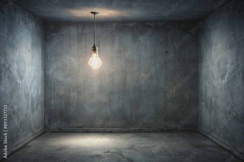 Empty, dimly lit room with worn, grey walls, a single, flickering light ...