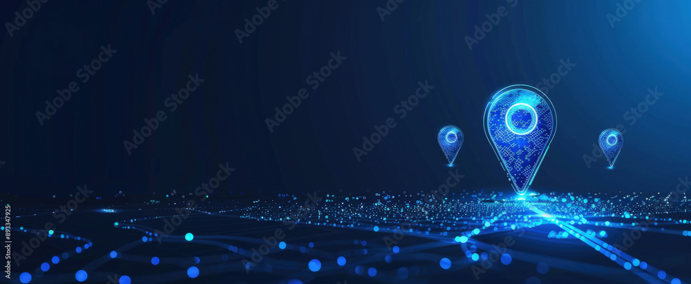 Abstract blue location point or map pin on path digital marketing ...