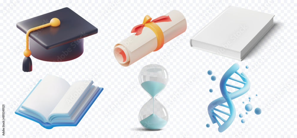 Educational 3D Icons Set with Graduation Cap, Diploma, Book, Hourglass ...