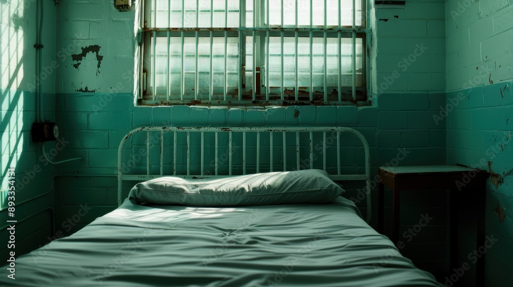 An empty prison cell features a single bed with white sheets and barred ...