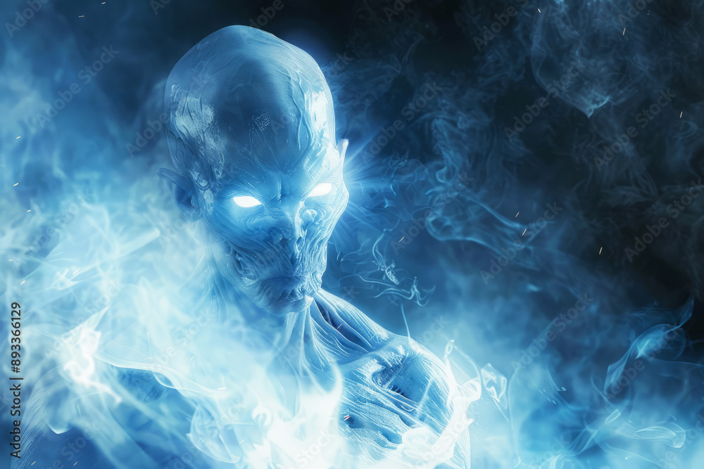 Mystical alien being with glowing eyes and ethereal light in its chest ...