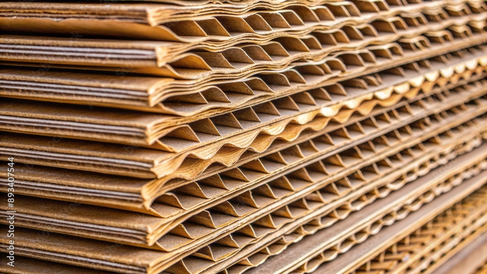 Macro view of corrugated cardboard cross-section reveals layers of ...