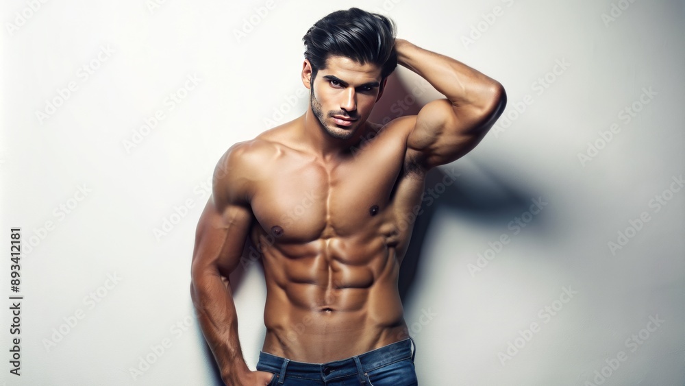 Attractive young Hispanic male fashion model with chiseled physique and ...