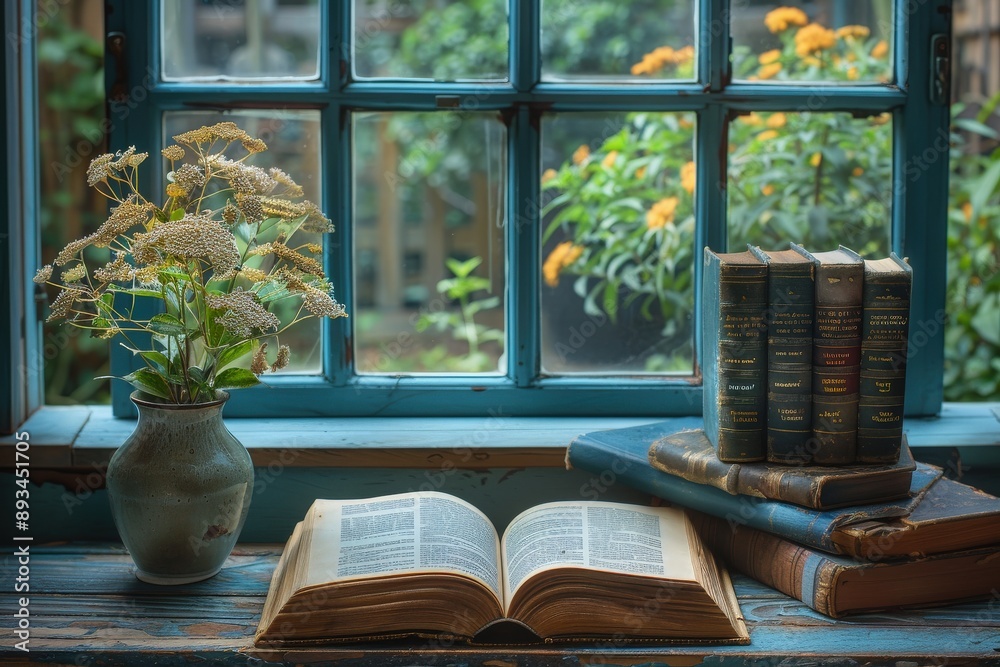 An open book rests on a wooden windowsill by a blue-framed window, with ...