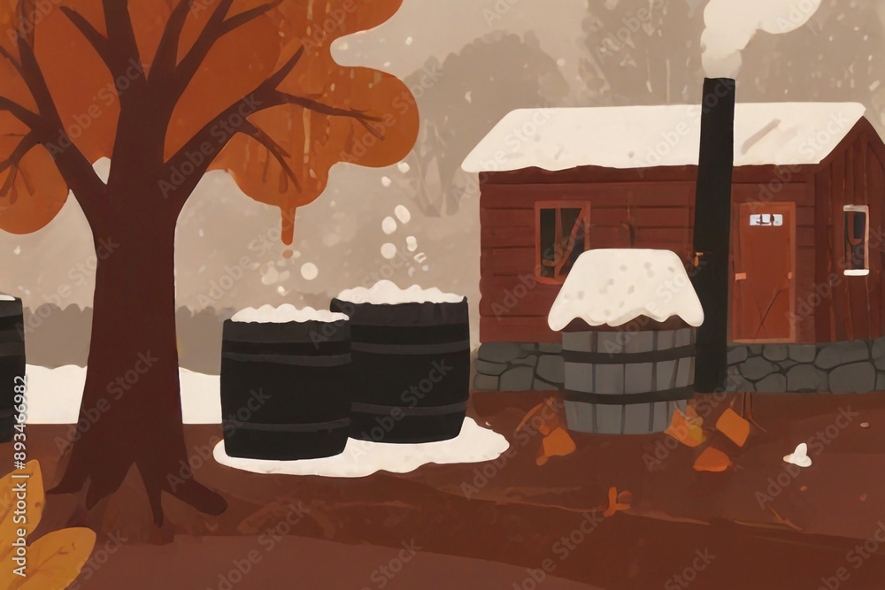 A scene of a maple syrup farm with buckets collecting sap from maple ...