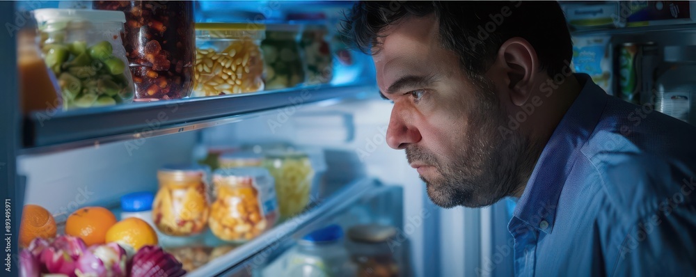 Man staring at refrigerator full of unhealthy food, binge eating ...