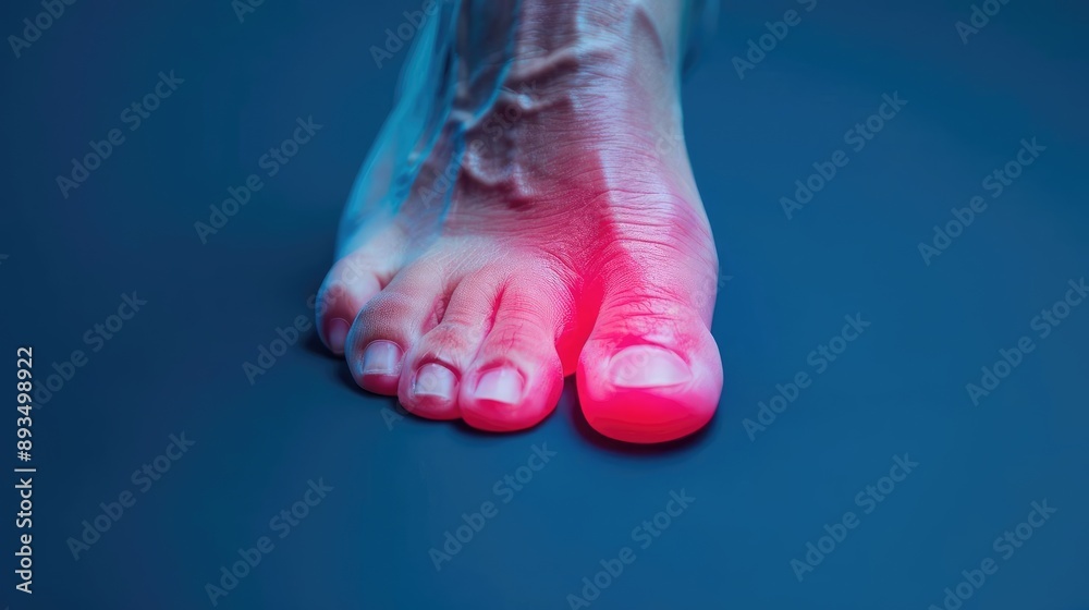 Detailed view of a gout-inflamed toe, highlighting puffiness and ...