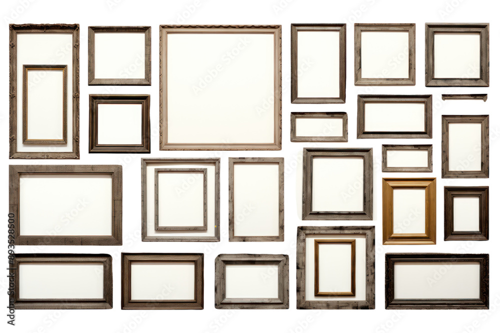 set of multiple picture frames in various sizes and styles, arranged in ...