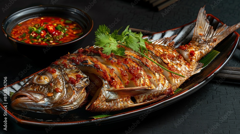 High-definition, Pla Pao grilled fish with lemongrass stuffing, salt ...